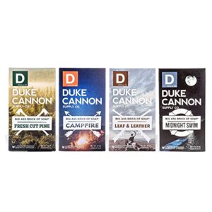 duke cannon supply co. big ass brick of soap bar for men the frontier 40 (leaf+leather, fresh cut pine, campfire, midnight swim) variety-pack- extra large masculine scents, 10 oz (variety 4 pack)