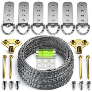 heavy duty picture wire hanging kit – d-ring, screws, hanging hooks,level. supports up to 110 lbs 50+ feet (15.25m) stainless steel wire hanger