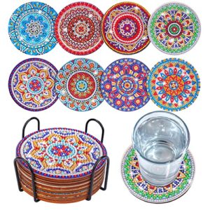 bsresin 8 pcs diamond painting coasters with holder, mandala coasters diy diamond art crafts for adults, small diamond painting kits accessories