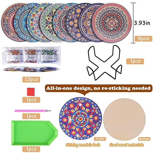 BSRESIN 8 Pcs Diamond Painting Coasters with Holder, Mandala Coasters DIY Diamond Art Crafts for Adults, Small Diamond Painting Kits Accessories