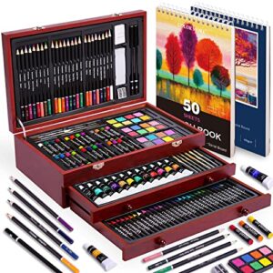 175 piece deluxe art set with 2 drawing pads, acrylic paints,crayons,colored pencils,paint set in wooden case,professional art kit,art supplies for adults,teens and artist,paint supplies