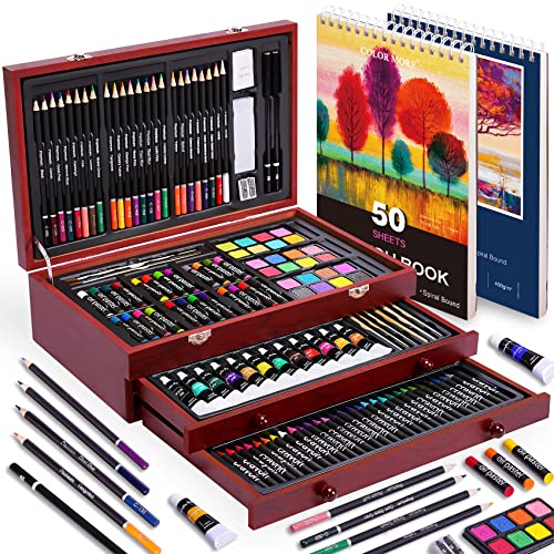 175 Piece Deluxe Art Set with 2 Drawing Pads, Acrylic Paints,Crayons,Colored Pencils,Paint Set in Wooden Case,Professional Art Kit,Art Supplies for Adults,Teens and Artist,Paint Supplies