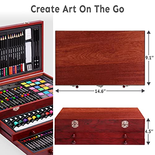 175 Piece Deluxe Art Set with 2 Drawing Pads, Acrylic Paints,Crayons,Colored Pencils,Paint Set in Wooden Case,Professional Art Kit,Art Supplies for Adults,Teens and Artist,Paint Supplies