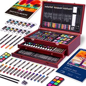 175 Piece Deluxe Art Set with 2 Drawing Pads, Acrylic Paints,Crayons,Colored Pencils,Paint Set in Wooden Case,Professional Art Kit,Art Supplies for Adults,Teens and Artist,Paint Supplies