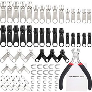 85 pieces zipper repair kit zipper replacement zipper with instruction manual and zipper install pliers tool for sewing luggage jackets coat jeans, black and silver