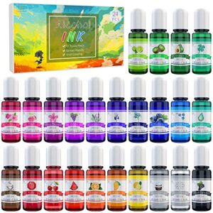 alcohol ink set – 24 vibrant colors alcohol-based ink for resin petri dish making, epoxy resin painting – concentrated alcohol paint color dye for resin art, tumbler making, painting – 24 x 10ml/.35oz