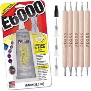 e6000 jewelry bead adhesive glue for jewelry making with 4 precision applicator tips and pixiss art dotting stylus pens 5 pcs set – rhinestone applicator kit