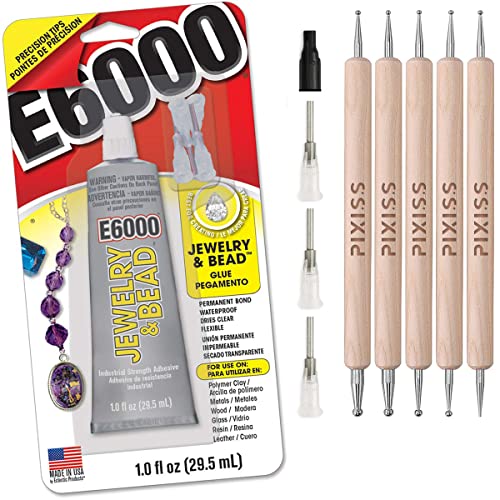 E6000 Jewelry Bead Adhesive Glue for Jewelry Making with 4 Precision Applicator Tips and Pixiss Art Dotting Stylus Pens 5 pcs Set - Rhinestone Applicator Kit