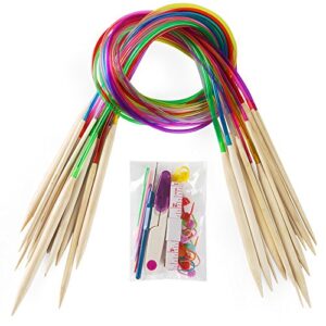 18 pairs bamboo knitting needles set, vancens circular wooden knitting needles with colorful plastic tube, small tools for weave are included, 18 sizes: 2mm – 10mm, 31.5″ length