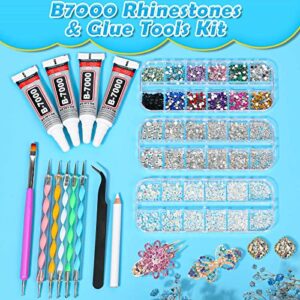 B7000 Jewelry Glue with Rhinestones for Crafts, 4500Pcs Rhinestones Gems with Rhinestone Glue for Shoes Cloth Fabric with Wax Picker Pencil for Crafting Diamoment Painting Jewelry Making and Nail Art