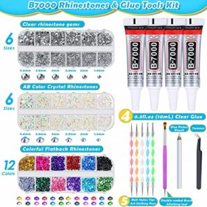 B7000 Jewelry Glue with Rhinestones for Crafts, 4500Pcs Rhinestones Gems with Rhinestone Glue for Shoes Cloth Fabric with Wax Picker Pencil for Crafting Diamoment Painting Jewelry Making and Nail Art