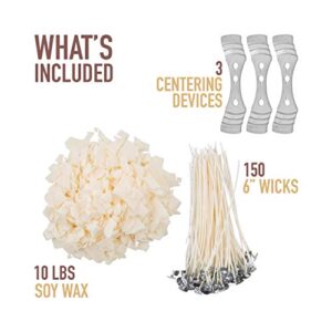 Oraganix DIY Candle Making Kit and Candle Making Supplies - 10 lbs Soy Candle Wax - 150 6-Inch Pre-Waxed Candle Wicks - 3 Metal Centering Devices - Bulk 10 lb Soy Wax Flakes