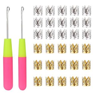 2 pcs latch hook crochet needle + 30 pcs dreadlocks hair ring decoration braiding hair silver gold metal, for crochet braids hair decoration accessories