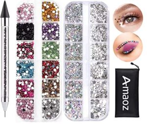 amaoz rhinestone jewel pickup tool,dual-ended picker dotting pen crystal studs wax pen, flat back gems round rhinestones for nails decoration crafts eye makeup clothes shoes︱mix ss4 6 10 12 16︱3500pcs