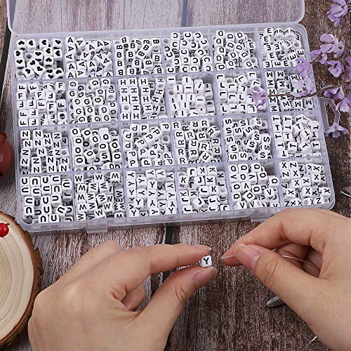 Quefe 1440pcs Acrylic Letter Beads White Cube Alphabet Beads Sorted Alphabet Beads for Jewelry Making, Bracelets, Necklaces, Key Chains (6 x 6mm)