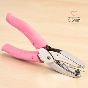 1 Pack 6.3 Inch Length 1/4 Inch Diameter of Heart Shape Hole Handheld Single Paper Hole Punch, Puncher with Pink Soft Thick Leather Cover(Heart 1/4 inch)