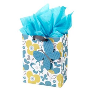 hallmark 9″ medium gift bag with tissue paper (flowers and butterflies; turquoise and yellow) for birthdays, mothers day, bridal showers, baby showers and more