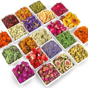 [latest] 21 pack dried flowers for candle making, 100% natural dried herbs kit for soap making, bath, resin jewelry making, bulk dried flowers include lavender, rose petals, rosebuds, leaves, lemon.