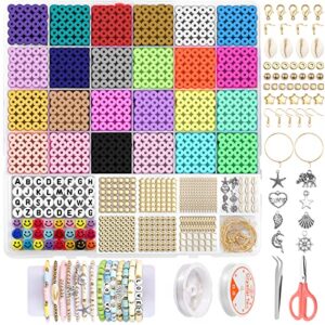 oppryn 6000 pcs clay beads bracelet making kit,24 colors flat beads for jewelry making,6mm heishi beads with letter beads smiley face beads pendant charms kit and elastic strings,gifts set for girls