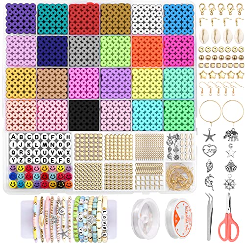 OPPRYN 6000 Pcs Clay Beads Bracelet Making Kit,24 Colors Flat Beads for Jewelry Making,6mm Heishi Beads with Letter Beads Smiley Face Beads Pendant Charms Kit and Elastic Strings,Gifts Set for Girls