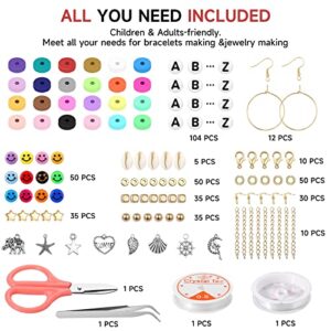 OPPRYN 6000 Pcs Clay Beads Bracelet Making Kit,24 Colors Flat Beads for Jewelry Making,6mm Heishi Beads with Letter Beads Smiley Face Beads Pendant Charms Kit and Elastic Strings,Gifts Set for Girls