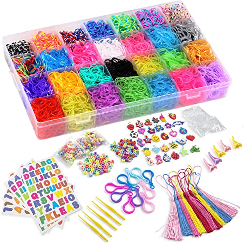 DasKid 12100+ Rubber Bands Refill Loom Set 11,000+ Loom Bands 42 Colors 600 Clips 200 Beads + 52 ABC Beads 30 Charms 10 Backpack Hooks 10 Tassels 5 Crochet Hooks 5 Hair Clips +ABC & Number Stickers