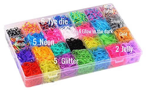 DasKid 12100+ Rubber Bands Refill Loom Set 11,000+ Loom Bands 42 Colors 600 Clips 200 Beads + 52 ABC Beads 30 Charms 10 Backpack Hooks 10 Tassels 5 Crochet Hooks 5 Hair Clips +ABC & Number Stickers