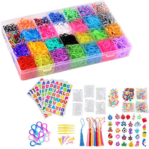 DasKid 12100+ Rubber Bands Refill Loom Set 11,000+ Loom Bands 42 Colors 600 Clips 200 Beads + 52 ABC Beads 30 Charms 10 Backpack Hooks 10 Tassels 5 Crochet Hooks 5 Hair Clips +ABC & Number Stickers