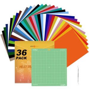 htvront htv heat transfer vinyl bundle: 36 pack 12 x 10″ iron on vinyl with 1 pack standard grip cutting mat for t-shirt, 25pcs assorted colors htv vinyl with tweezer for cricut, silhouette cameo