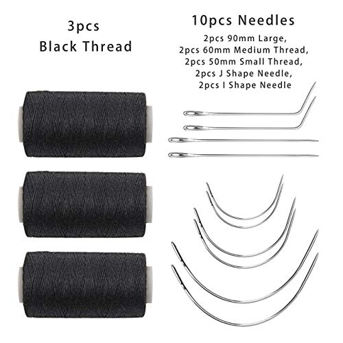 Ryalan Weaving Needle Combo Deal Black Thread with 10pcs Needle for Making Wig Sewing Hair Weft Hair Weave Extension, Big Medium and Small C J Shape Curved Needle I Needle (3 Thread Black + 10 Needle)