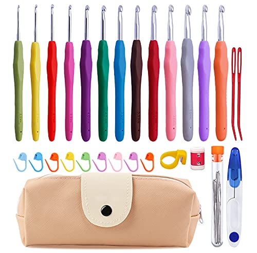 38 Pack Crochet Hooks Set, 13 Pcs 2mm(b)-10mm(n) Ergonomic Soft Grip Crochet Handles, Crochet Needle with Storage Case, Crochet Hooks for Arthritic Hands, Extra Long  Knitting Needles