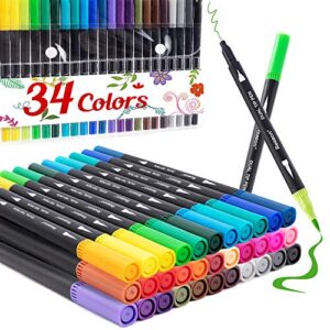 coloring markers pen, dual brush tip marker for adult coloring, 34 color calligraphy fine tip pen for beginner journal planner, drawing, doodle