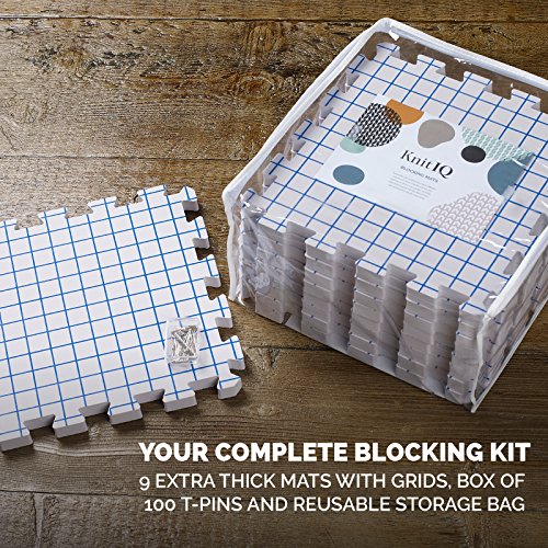 KnitIQ Blocking Mats for Knitting - Extra Thick Blocking Boards with Grids, 100 T-pins and Storage Bag for Needlework or Crochet - Pack of 9 | Set for Knitting