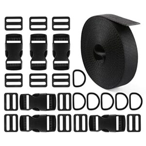 buckles strap 1 inch: nylon webbing straps 6 yards, quick side release plastic buckle dual adjustable 6 pack, tri-glide slide clip 12 pcs, metal d rings 6 pcs, heavy duty, black