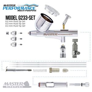 Master Airbrush Master Performance G233 Pro Set with 3 Nozzle Sets (0.2, 0.3 & 0.5mm Needles, Fluid Tips and Air Caps) and Air Hose - Dual-Action Gravity Feed Airbrush with 1/3 oz Cup, Cutaway Handle