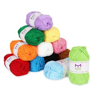 acrylic yarn | 1312 yards | large 50g skeins | 12 multicolor knitting and crochet yarn bulk – starter kit for colorful craft – 7 ebooks with yarn patterns – by mira handcrafts