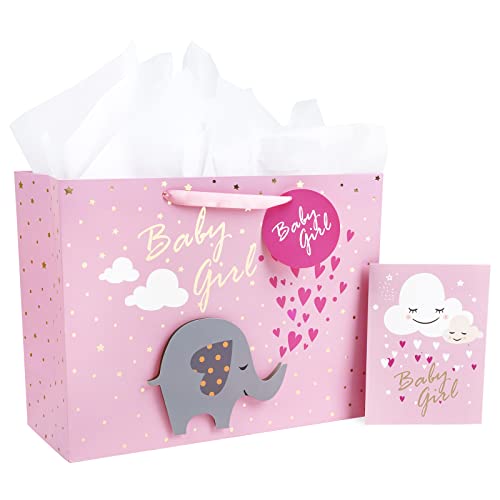 MAYPLUSS 16" Extra Large Gift Bag with Greeting Card and Tissue Paper - Baby Girl 3D Making Design