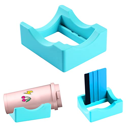 Silicone Cup Cradle for Tumblers with Built-in Slot, Tumbler Holder for Crafts Use to Apply Vinyl Decals for Tumblers, Small Tumbler Stand Cup Holder with Felt Edge Squeegee for Cups Bottles（Cyan)