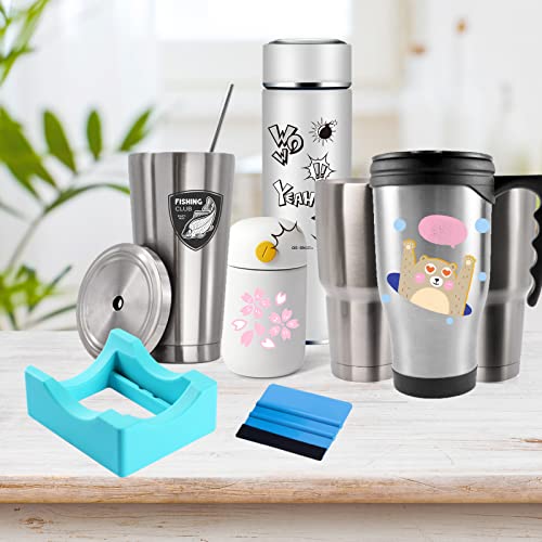 Silicone Cup Cradle for Tumblers with Built-in Slot, Tumbler Holder for Crafts Use to Apply Vinyl Decals for Tumblers, Small Tumbler Stand Cup Holder with Felt Edge Squeegee for Cups Bottles（Cyan)