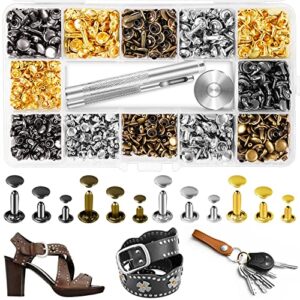 420 sets leather rivets kit, double cap brass rivets leather studs with 3pcs setting tools for leather repair and crafts, 4 colors and 3 sizes