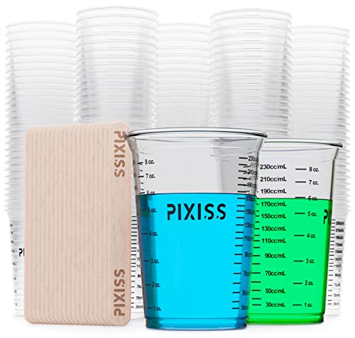 50-Pack Disposable Epoxy Resin Mixing Cups with Measurements - Pixiss Mixing Cups for Epoxy Resin, Epoxy Mixing Containers, Epoxy Cups For Epoxy Measuring Cups - 20 Resin Mixing Sticks