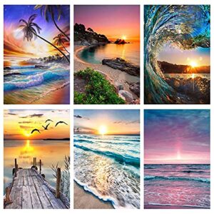 6 pack diamond painting kits, 5d diamond art kits for adults full drill diamond paintings kit crafts for adults kids beginners, diy beach diamond painting packs gem art home wall decor 11.8×15.7inch