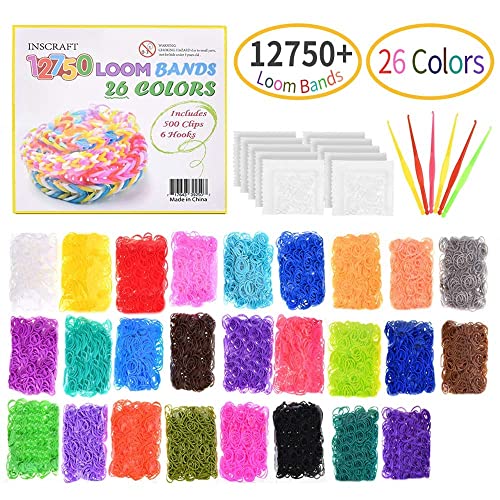 Inscraft Rubber Bands Refill Kit , 12750+ Premium Loom Bands in 26 Colors with 500 Clips ,6 Hooks for Kids Bracelet Weaving Kit DIY Crafting