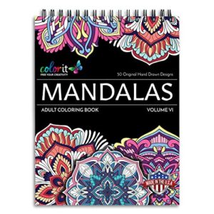 colorit mandalas to color volume vi, spiral bound adult coloring book, 50 mandala designs with perforated pages, hardback cover, ink blotter | for arts and crafts, mandalas coloring books for adults