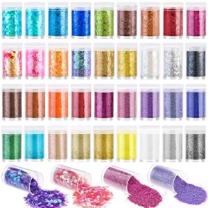 36 pcs fine and chunky glitter for resin, audab fine glitter powder assorted holographic resin glitter nail sequins for hair, makeup, slime, resin tumblers, resin molds