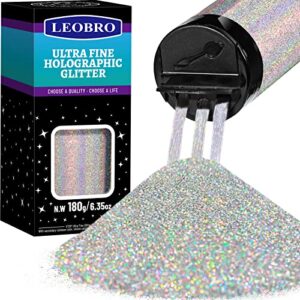 holographic ultra fine glitter, 180g/6.35oz resin glitter powder sequins flakes, 1/128″ metallic iridescent glitter for resin tumblers art crafts, hair face body nail glitter, leobro silver glitter