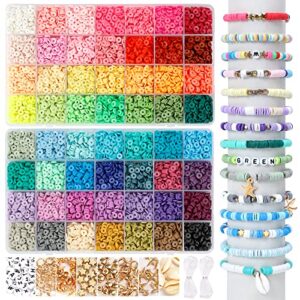 quefe 14420pcs clay beads for bracelet making kit, 56 colors spacer heishi beads flat round polymer clay beads with pendant charms kits and elastic strings