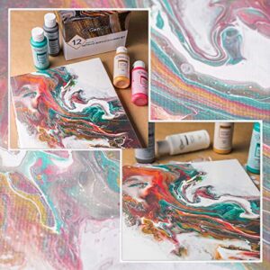 GenCrafts Metallic Acrylic Pouring Paint - Set of 12 Metallic Colors - Pre-Mixed High Flow & Ready to Pour - 2 oz./ 59 ml Bottles - Multi-purpose Paints for Canvas & Paper, Rocks, Wood and More