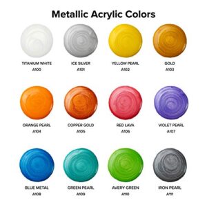 GenCrafts Metallic Acrylic Pouring Paint - Set of 12 Metallic Colors - Pre-Mixed High Flow & Ready to Pour - 2 oz./ 59 ml Bottles - Multi-purpose Paints for Canvas & Paper, Rocks, Wood and More