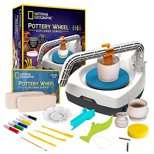 NATIONAL GEOGRAPHIC Kid’s Pottery Wheel – Complete Pottery Kit , Plug-In Motor, 2 lbs. Air Dry Clay, Sculpting Clay Tools, Apron & More, Patent Pending, Amazon Exclusive Craft Kit